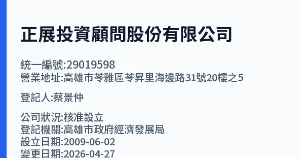 正展投資顧問股份有限公司的照片-統編 29019598(高雄市) 公司登記資料與營業項目詳細圖表