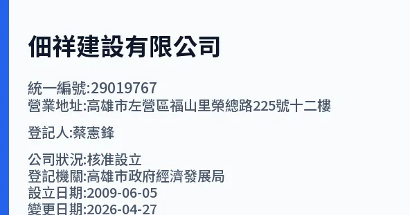 佃祥建設有限公司的照片-統編 29019767(高雄市) 公司登記資料與營業項目詳細圖表