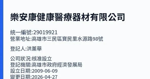 樂安康健康醫療器材有限公司的照片-統編 29019921(高雄市) 公司登記資料與營業項目詳細圖表