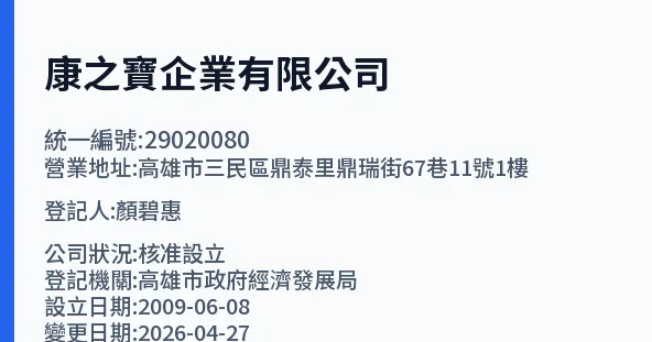 康之寶企業有限公司的照片-統編 29020080(高雄市) 公司登記資料與營業項目詳細圖表