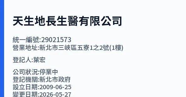 天生地長生醫有限公司的照片-統編 29021573(新北市) 公司登記資料與營業項目詳細圖表