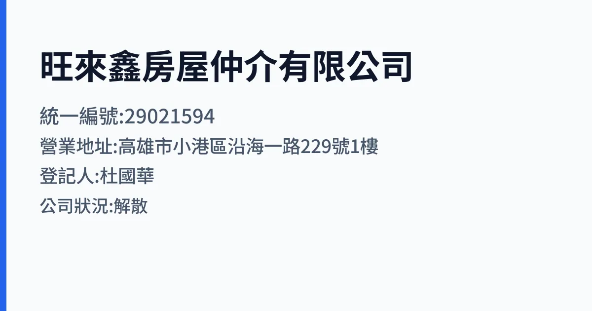 旺來鑫房屋仲介有限公司 - 統編 29021594(高雄市) 公司登記資料與營業項目詳細圖表