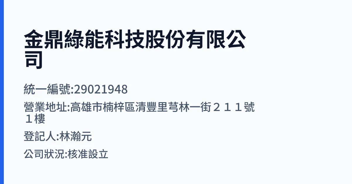 金鼎綠能科技股份有限公司 - 統編 29021948(高雄市) 公司登記資料與營業項目詳細圖表