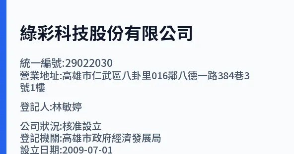 綠彩科技股份有限公司的照片-統編 29022030(高雄市) 公司登記資料與營業項目詳細圖表