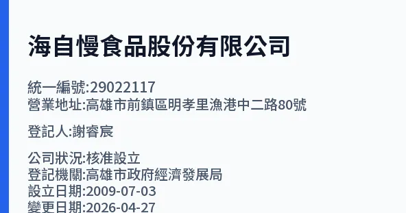 海自慢食品股份有限公司的照片-統編 29022117(高雄市) 公司登記資料與營業項目詳細圖表
