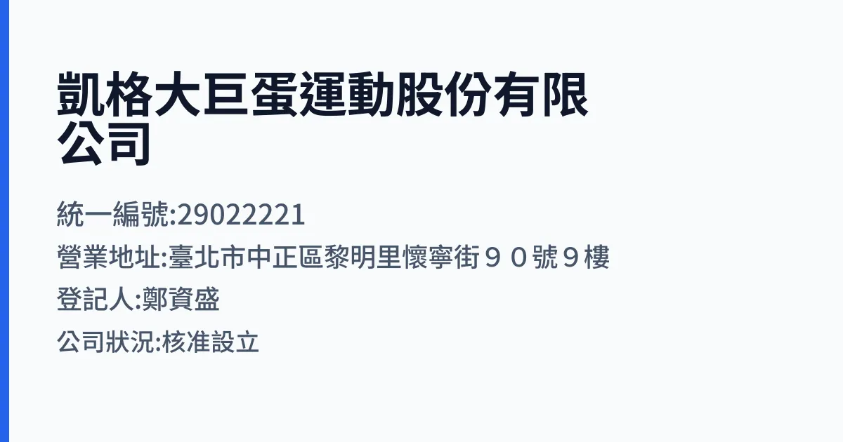 凱格大巨蛋運動股份有限公司 - 統編 29022221(高雄市) 公司登記資料與營業項目詳細圖表