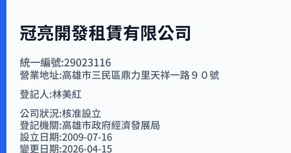 冠亮開發租賃有限公司的照片-統編 29023116(高雄市) 公司登記資料與營業項目詳細圖表