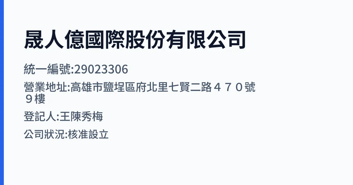 晟人億國際股份有限公司 - 統編 29023306(高雄市) 公司登記資料與營業項目詳細圖表