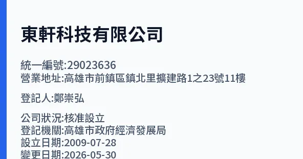 東軒科技有限公司的照片-統編 29023636(高雄市) 公司登記資料與營業項目詳細圖表