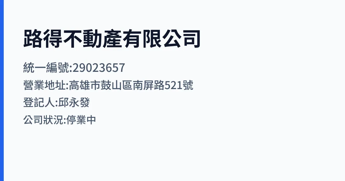 路得不動產有限公司 - 統編 29023657(高雄市) 公司登記資料與營業項目詳細圖表