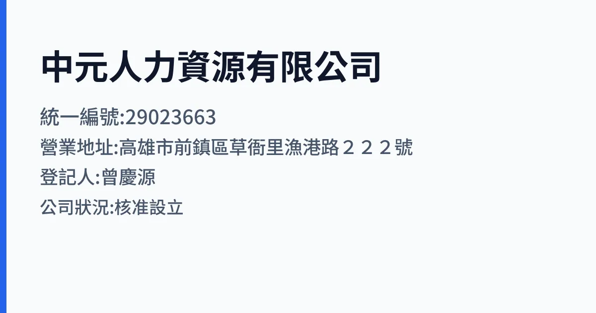中元人力資源有限公司 - 統編 29023663(高雄市) 公司登記資料與營業項目詳細圖表