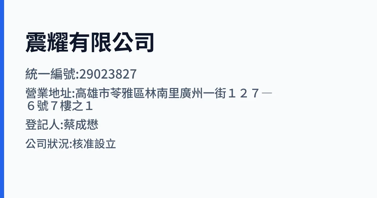 震耀有限公司 - 統編 29023827(高雄市) 公司登記資料與營業項目詳細圖表