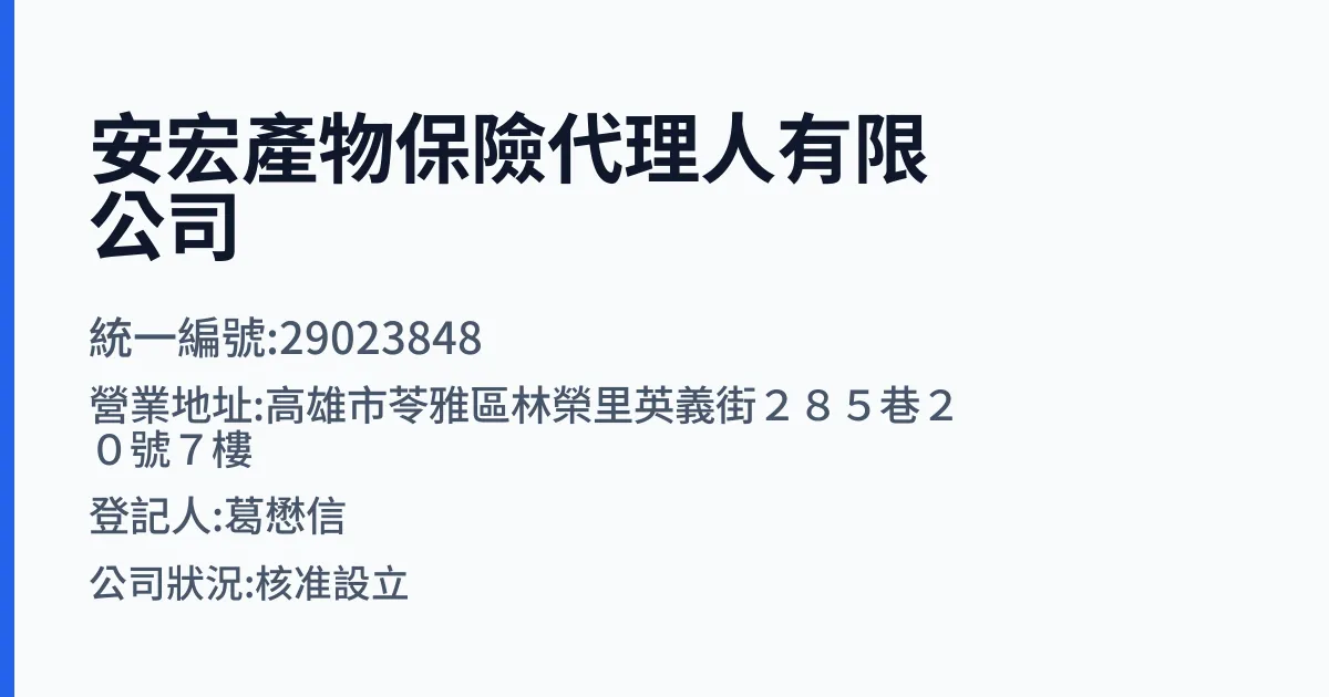 安宏產物保險代理人有限公司 - 統編 29023848(高雄市) 公司登記資料與營業項目詳細圖表