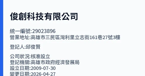 俊創科技有限公司的照片-統編 29023896(高雄市) 公司登記資料與營業項目詳細圖表
