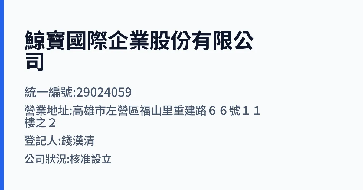 鯨寶國際企業股份有限公司 - 統編 29024059(高雄市) 公司登記資料與營業項目詳細圖表