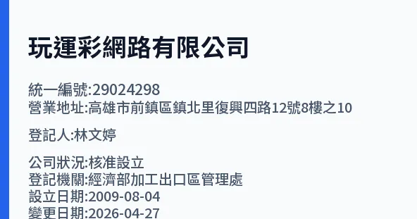 玩運彩網路有限公司的照片-統編 29024298(高雄市) 公司登記資料與營業項目詳細圖表