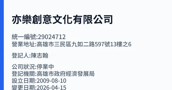 亦樂創意文化有限公司的照片-統編 29024712(高雄市) 公司登記資料與營業項目詳細圖表