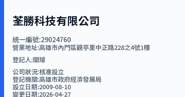 荃勝科技有限公司的照片-統編 29024760(高雄市) 公司登記資料與營業項目詳細圖表