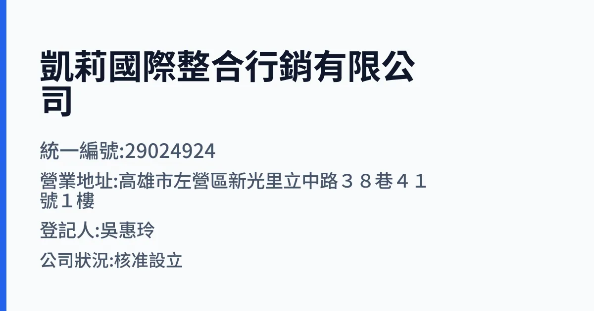 凱莉國際整合行銷有限公司 - 統編 29024924(高雄市) 公司登記資料與營業項目詳細圖表
