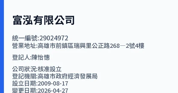 富泓有限公司的照片-統編 29024972(高雄市) 公司登記資料與營業項目詳細圖表