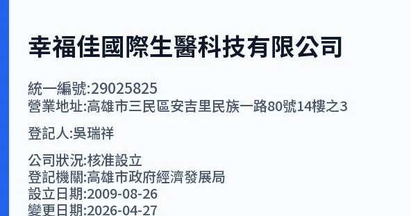 幸福佳國際生醫科技有限公司的照片-統編 29025825(高雄市) 公司登記資料與營業項目詳細圖表
