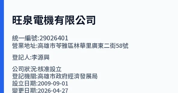旺泉電機有限公司的照片-統編 29026401(高雄市) 公司登記資料與營業項目詳細圖表