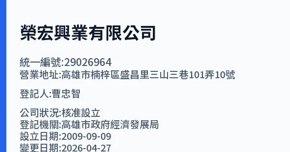 榮宏興業有限公司的照片-統編 29026964(高雄市) 公司登記資料與營業項目詳細圖表