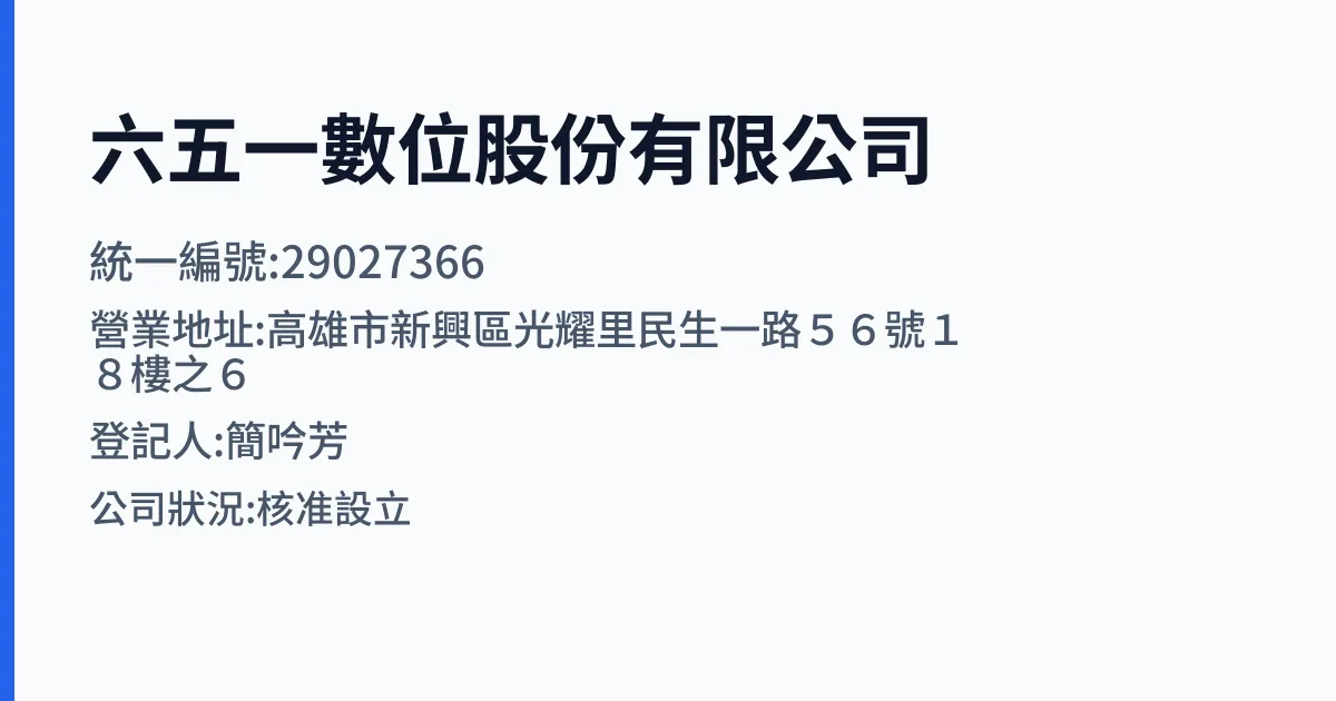 六五一數位股份有限公司 - 統編 29027366(高雄市) 公司登記資料與營業項目詳細圖表