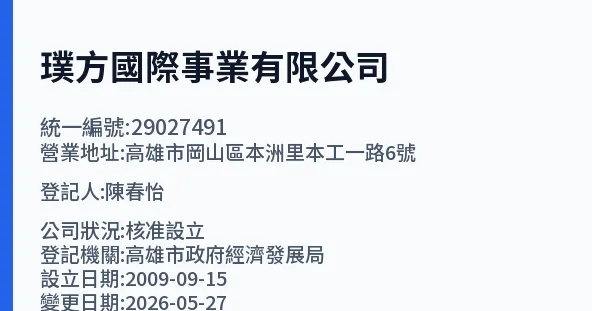 璞方國際事業有限公司的照片-統編 29027491(高雄市) 公司登記資料與營業項目詳細圖表