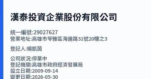 漢泰投資企業股份有限公司的照片-統編 29027627(高雄市) 公司登記資料與營業項目詳細圖表
