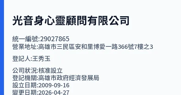 光音身心靈顧問有限公司的照片-統編 29027865(高雄市) 公司登記資料與營業項目詳細圖表