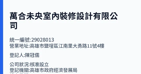 萬合未央室內裝修設計有限公司的照片-統編 29028013(高雄市) 公司登記資料與營業項目詳細圖表