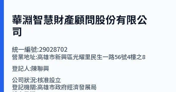 華淵智慧財產顧問股份有限公司的照片-統編 29028702(高雄市) 公司登記資料與營業項目詳細圖表
