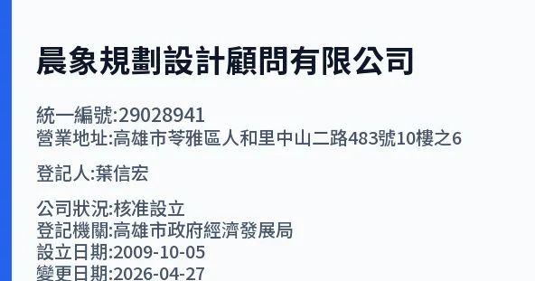 晨象規劃設計顧問有限公司的照片-統編 29028941(高雄市) 公司登記資料與營業項目詳細圖表