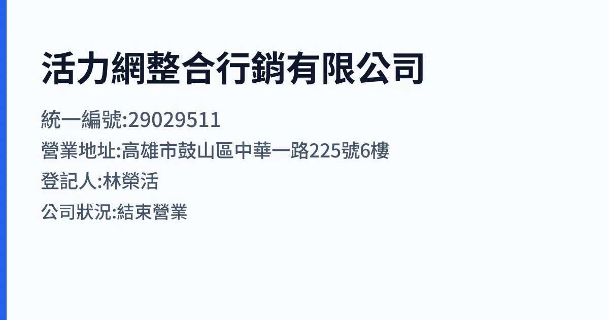 活力網整合行銷有限公司 - 統編 29029511(高雄市) 公司登記資料與營業項目詳細圖表