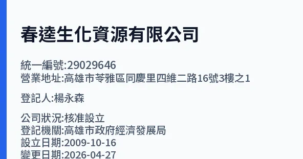 春逵生化資源有限公司的照片-統編 29029646(高雄市) 公司登記資料與營業項目詳細圖表