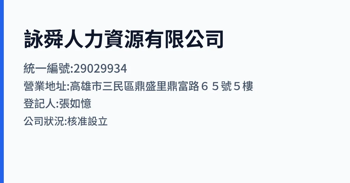 詠舜人力資源有限公司 - 統編 29029934(高雄市) 公司登記資料與營業項目詳細圖表