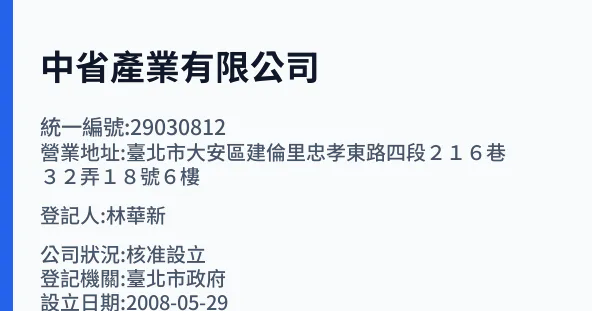 中省產業有限公司的照片-統編 29030812(臺北市) 公司登記資料與營業項目詳細圖表