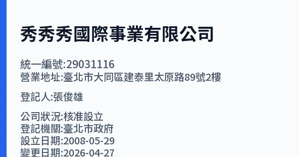 秀秀秀國際事業有限公司的照片-統編 29031116(臺北市) 公司登記資料與營業項目詳細圖表