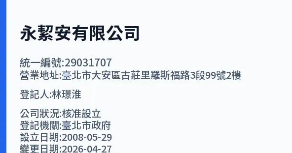永絜安有限公司的照片-統編 29031707(臺北市) 公司登記資料與營業項目詳細圖表