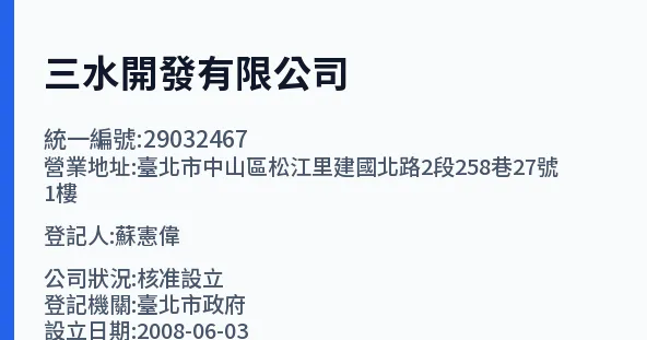 三水開發有限公司的照片-統編 29032467(臺北市) 公司登記資料與營業項目詳細圖表