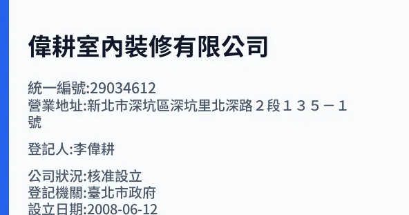 偉耕室內裝修有限公司的照片-統編 29034612(臺北市) 公司登記資料與營業項目詳細圖表