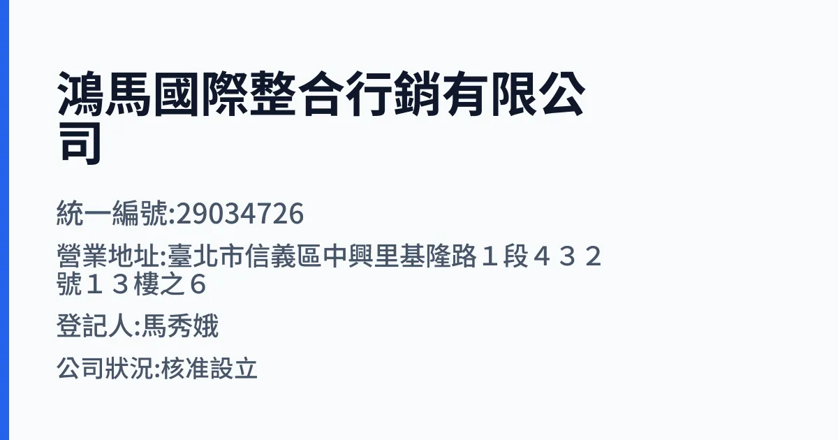 鴻馬國際整合行銷有限公司 - 統編 29034726(臺北市) 公司登記資料與營業項目詳細圖表