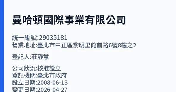 曼哈頓國際事業有限公司的照片-統編 29035181(臺北市) 公司登記資料與營業項目詳細圖表