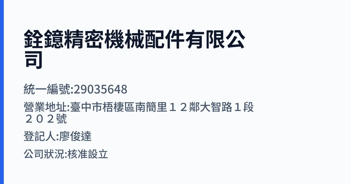 銓鐿精密機械配件有限公司 - 統編 29035648(臺中市) 公司登記資料與營業項目詳細圖表