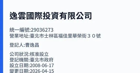 逸雲國際投資有限公司的照片-統編 29036273(臺北市) 公司登記資料與營業項目詳細圖表