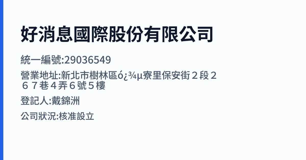 好消息國際股份有限公司 - 統編 29036549(新北市) 公司登記資料與營業項目詳細圖表