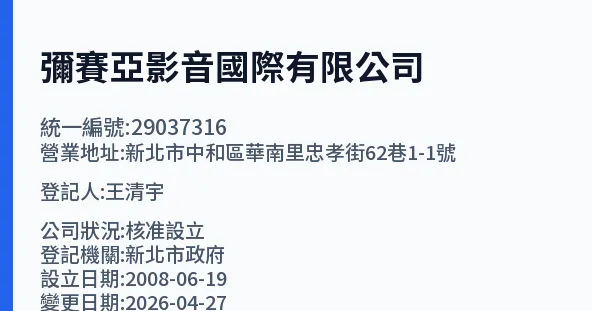 彌賽亞影音國際有限公司的照片-統編 29037316(新北市) 公司登記資料與營業項目詳細圖表