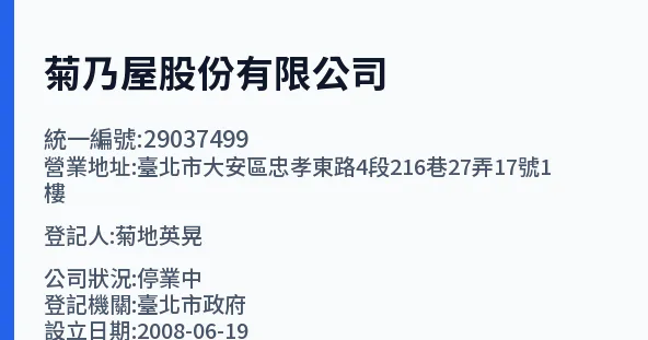 菊乃屋股份有限公司的照片-統編 29037499(臺北市) 公司登記資料與營業項目詳細圖表