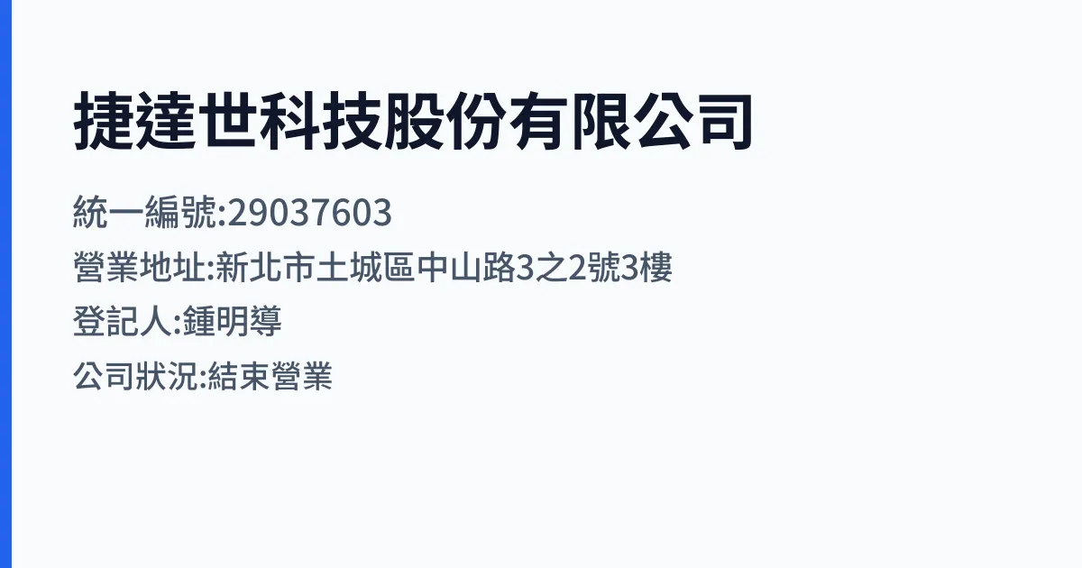 捷達世科技股份有限公司 - 統編 29037603(新北市) 公司登記資料與營業項目詳細圖表